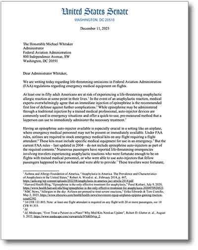 Top Senate Democrats Demand FAA Require Airlines Carry Epinephrine Auto ...